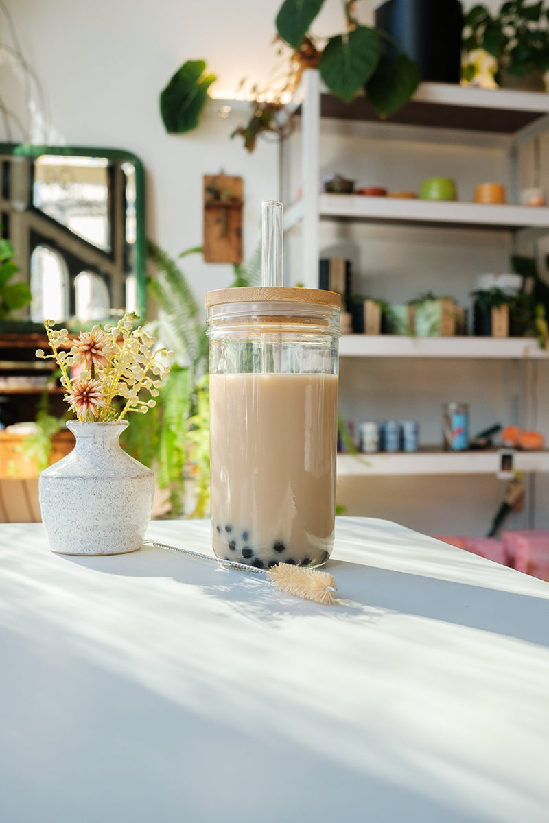 Wide Mouth Reusable Glass Jar + Steel Straws (Smoothies, Coffee, Boba ...